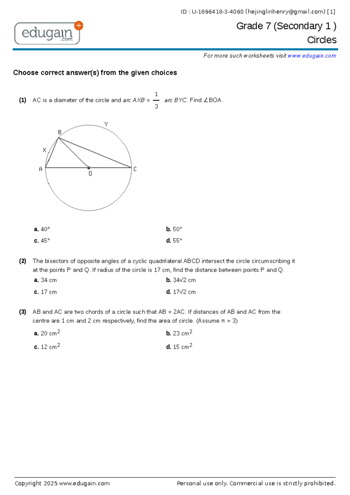 Grade 7 Math: Circles Worksheet ID 1866418 - Studocu