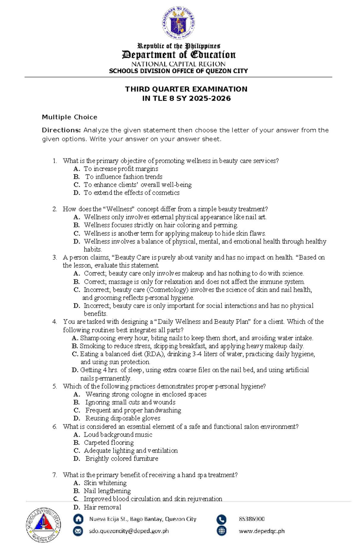 3RD Quarter Exam in TLE 8: Wellness and Beauty Care Multiple Choice ...
