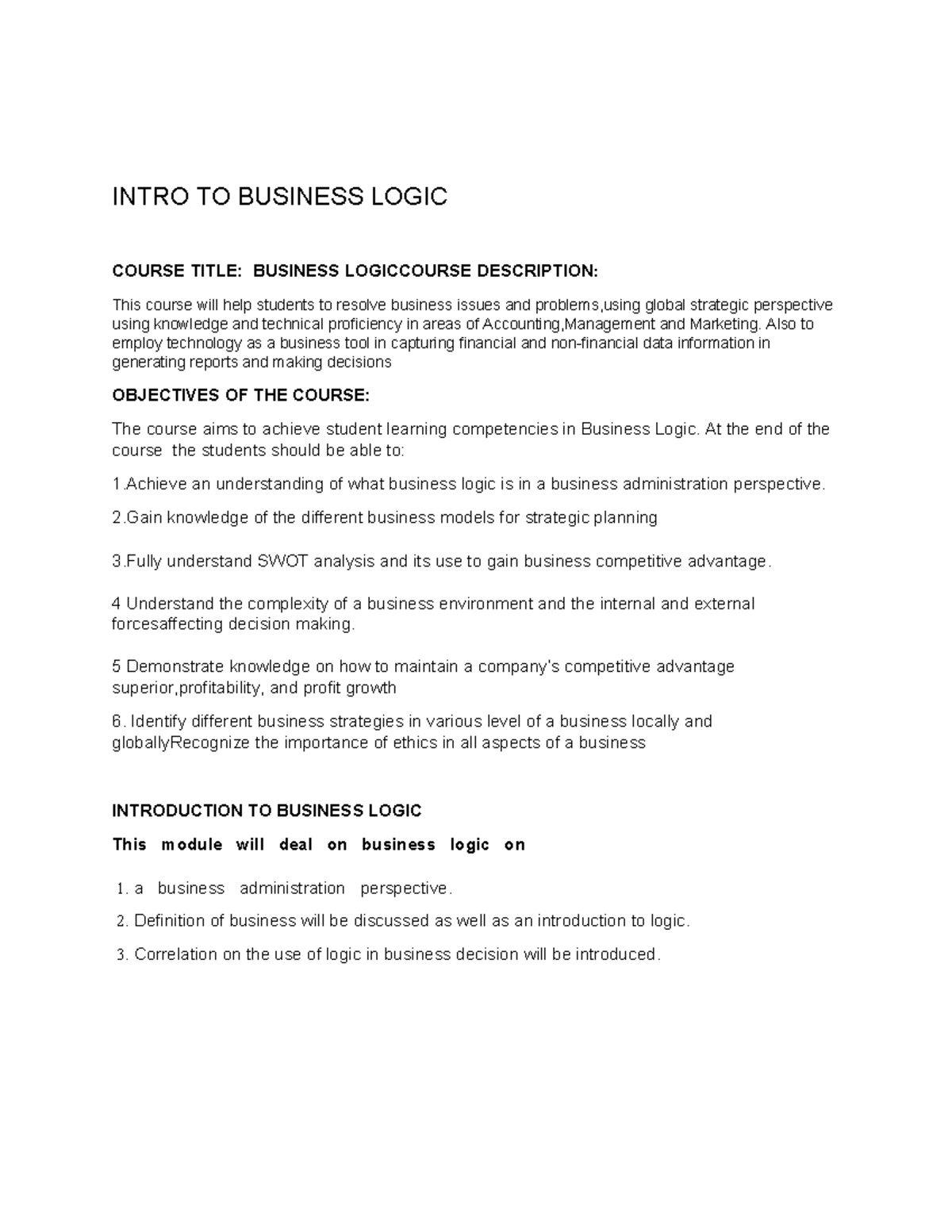 Intro TO Business Logic - INTRO TO BUSINESS LOGIC COURSE TITLE ...