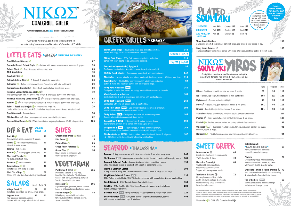 Suncoast Nikos Menu 2021 - Three Greek Brothers 199 3 Skewers, 1 beef ...
