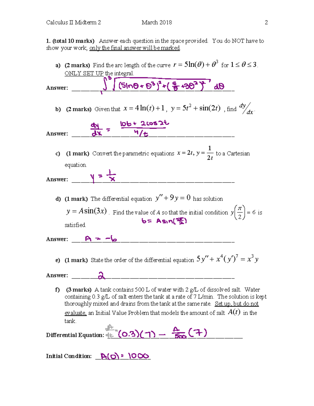 Calculus II Midterm 2 Solutions - March 2018 - Studocu