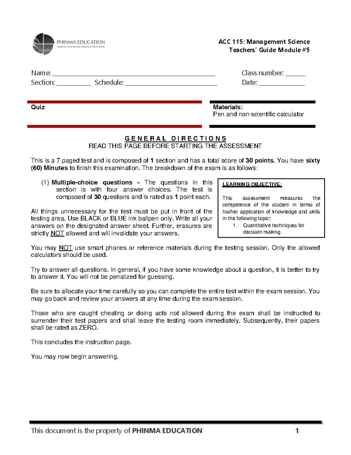 CFE ACC115: Quiz Review for Quantitative Decision-Making Exam - Studocu