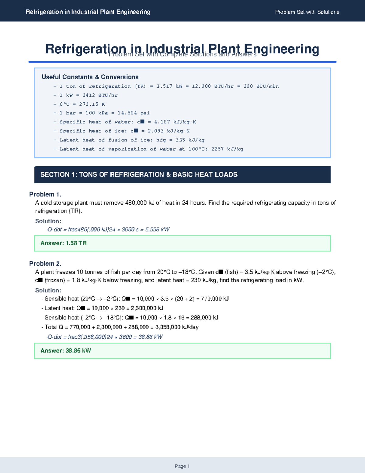 Refrigeration in Industrial Plant Engineering Problem Set with ...