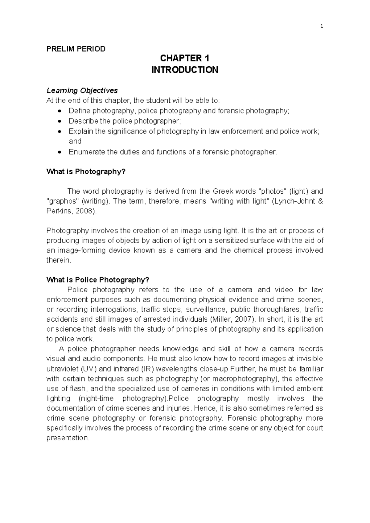 Forensic Photography Prelim Review Material: Chapter 1 Overview - Studocu