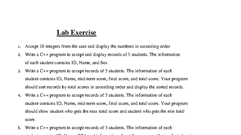 Lab Exercise 1: Sorting & Student Records Management - Studocu