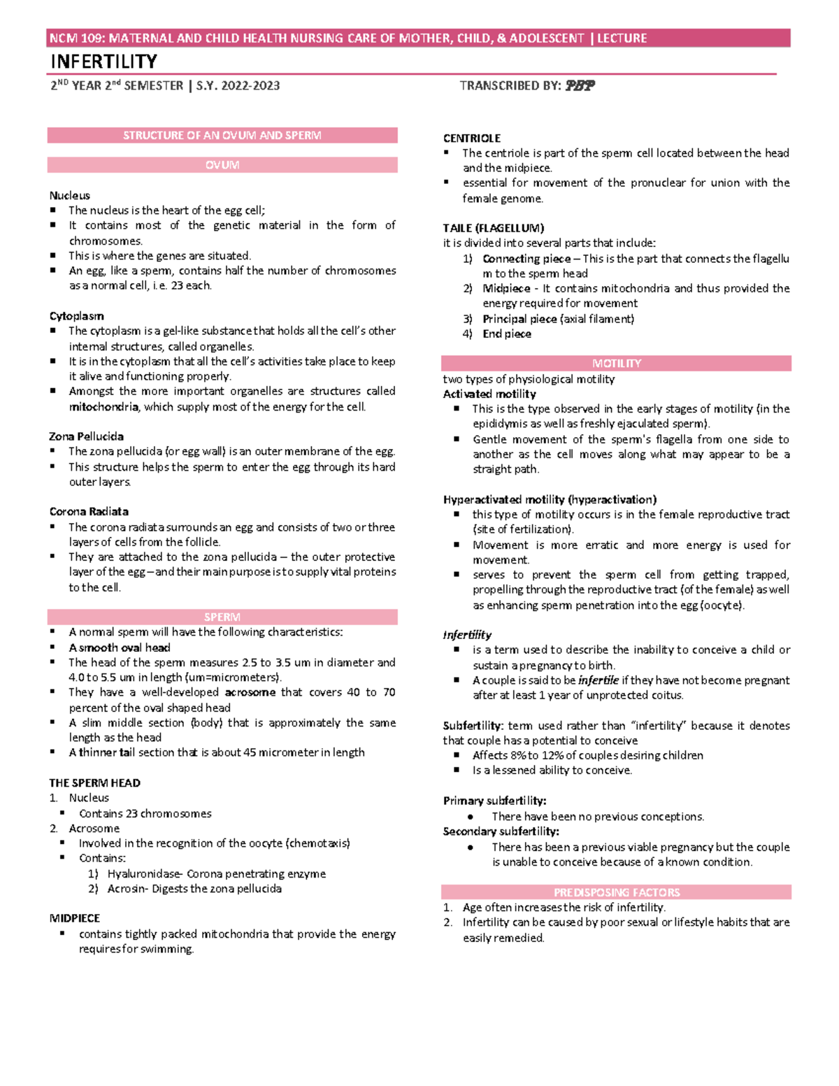 NCM 109: Maternal and Child Health Nursing - Infertility Lecture Notes ...