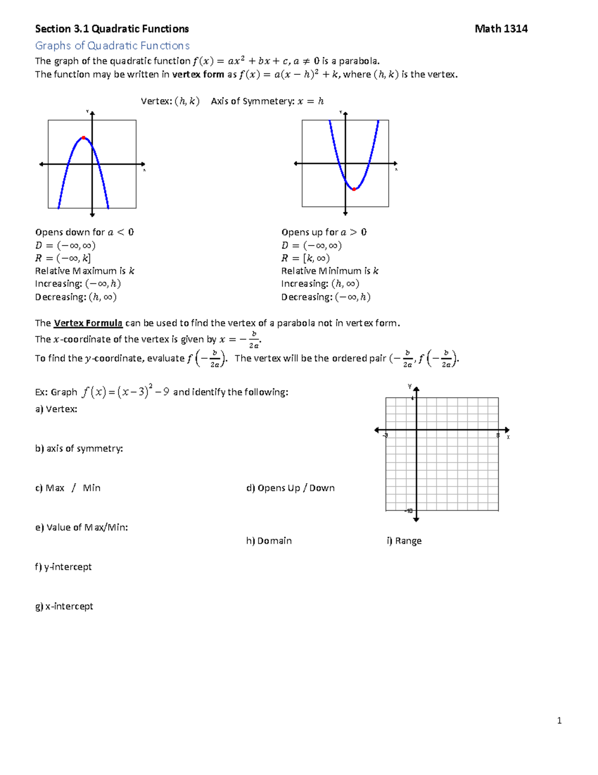 Graphs and Applications of Quadratic Functions - Math 1314 - Studocu