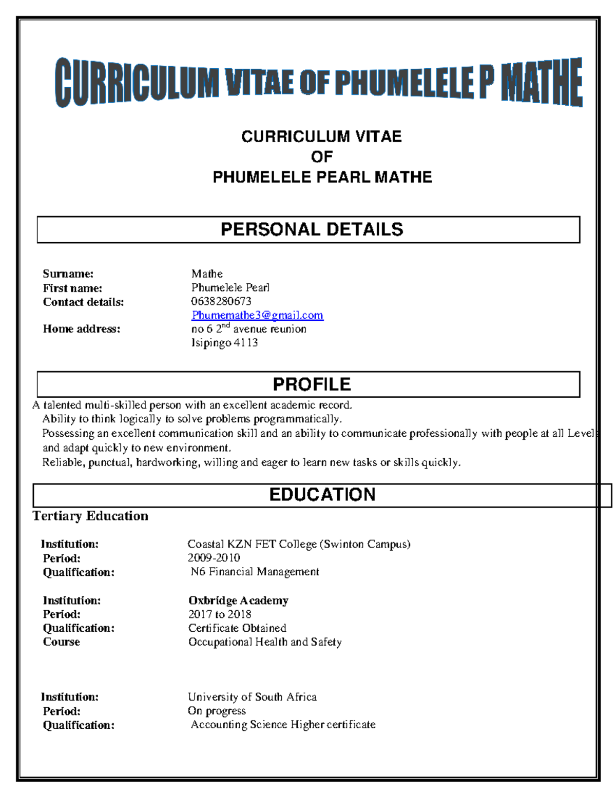 CURRICULUM VITAE OF PHUMELELE PEARL MATHE - UPDATED VERSION - Studocu