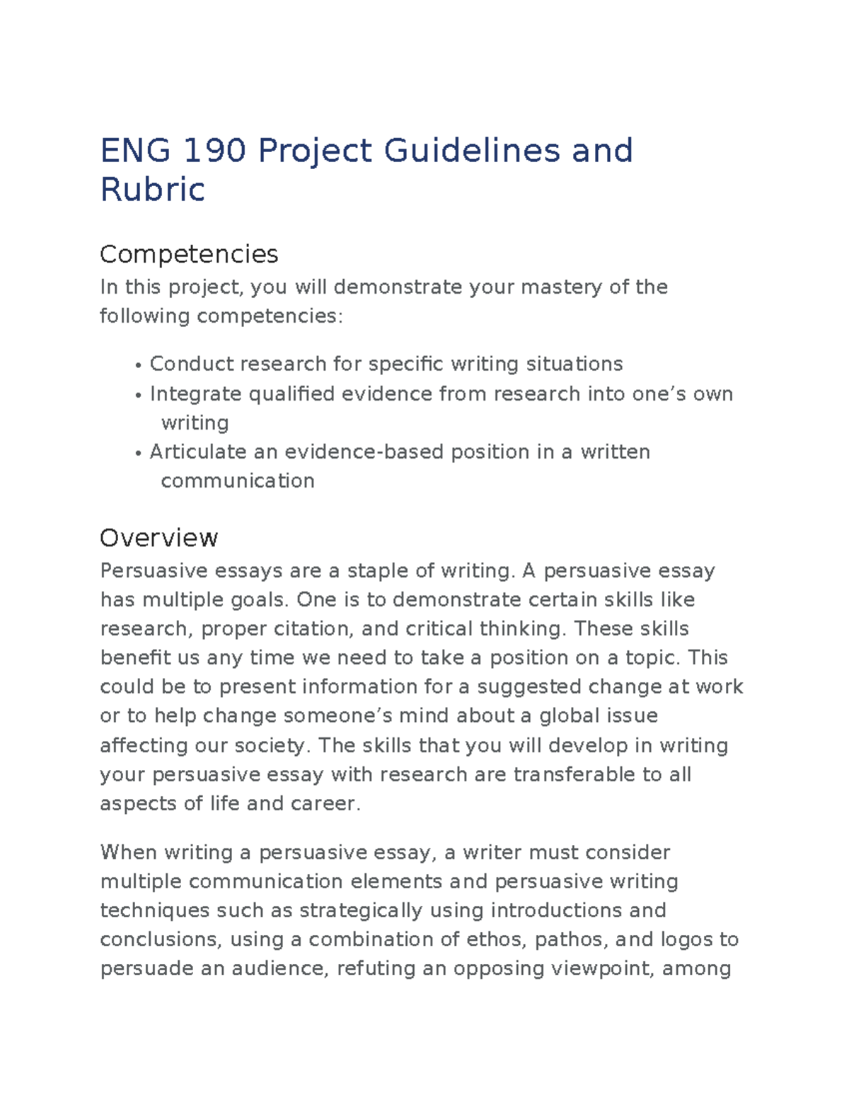 ENG 190 Final Project: Guidelines for Writing a Persuasive Essay - Studocu
