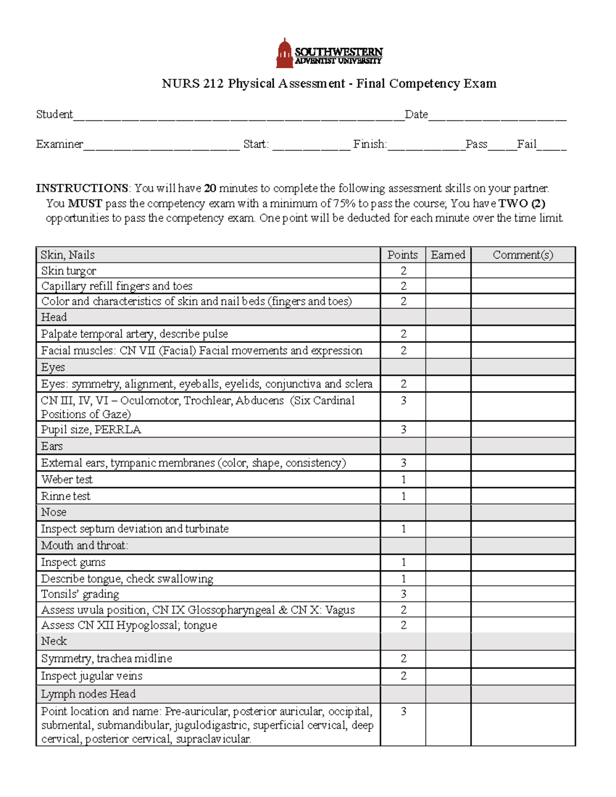NURS 212 Skills Competency Exam-1 - NURS 212 Physical Assessment ...
