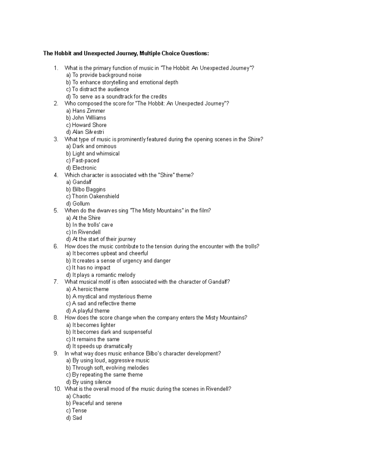 The Hobbit: An Unexpected Journey - Music Analysis Quiz - The Hobbit ...