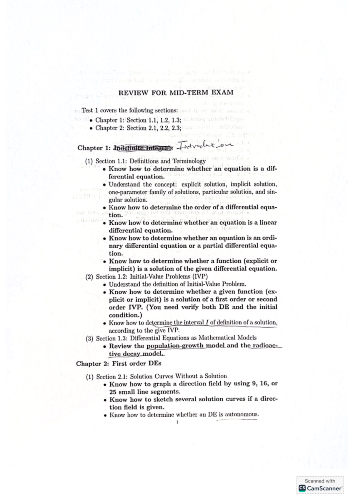 REVIEW FOR EXAM: Differential Equations Test 1 - Chapters 1 & 2 - Studocu