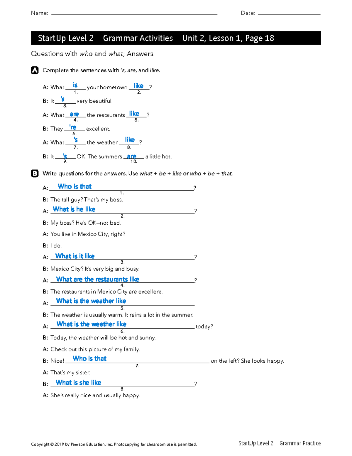 StartUp Level 2 Grammar Activities Unit 2, Lessons 1 & 2 - Studocu