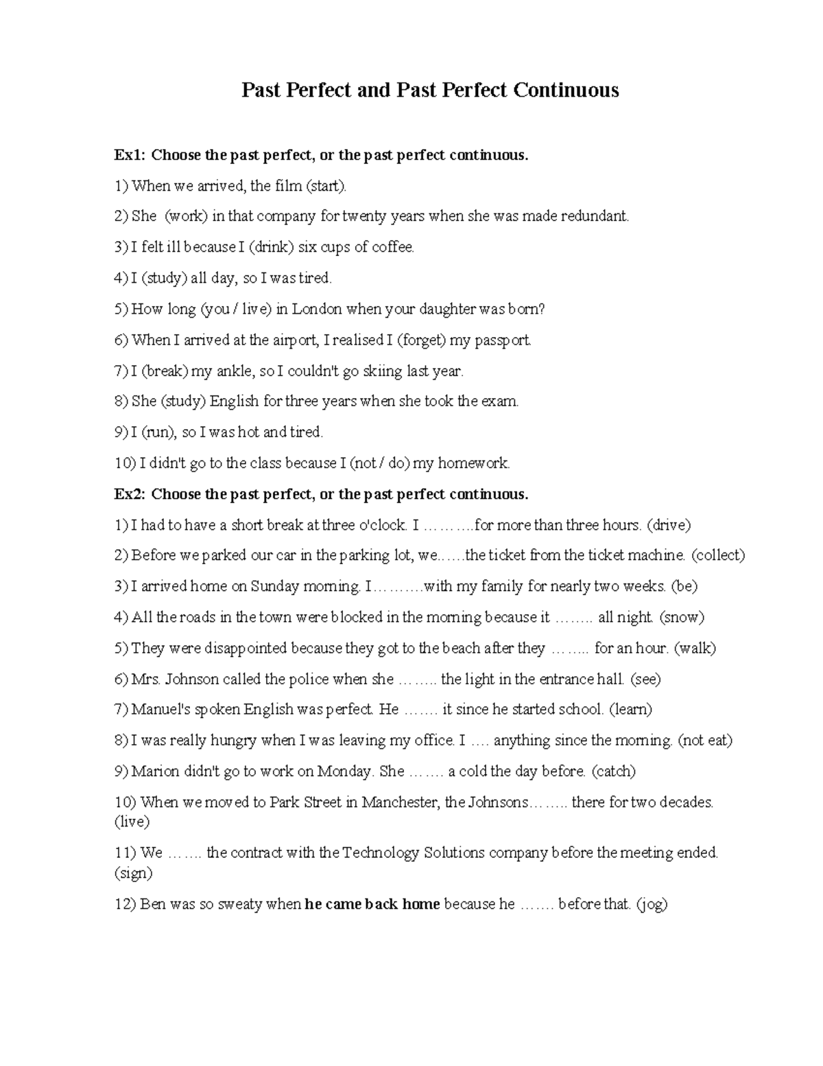 Past Tense Exercise (Advanced): Past Perfect & Continuous Ex1 & Ex2 ...