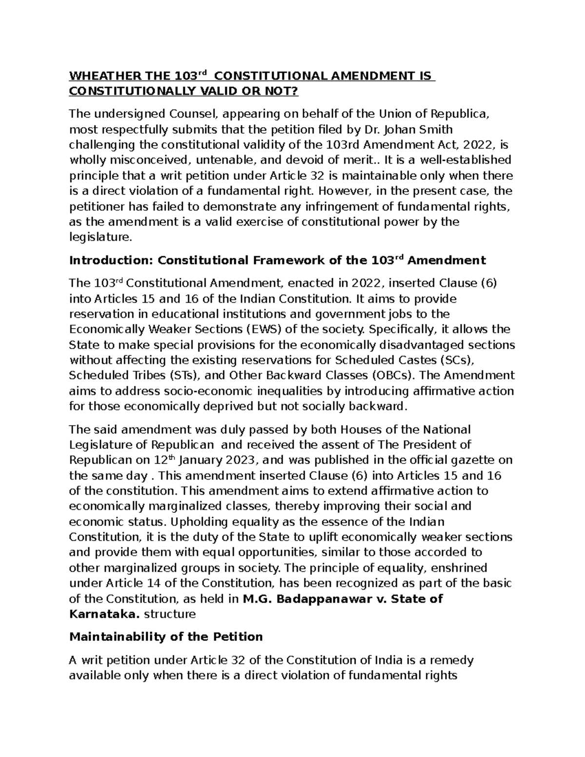 Constitutional Validity of the 103rd Amendment: EWS Reservations ...