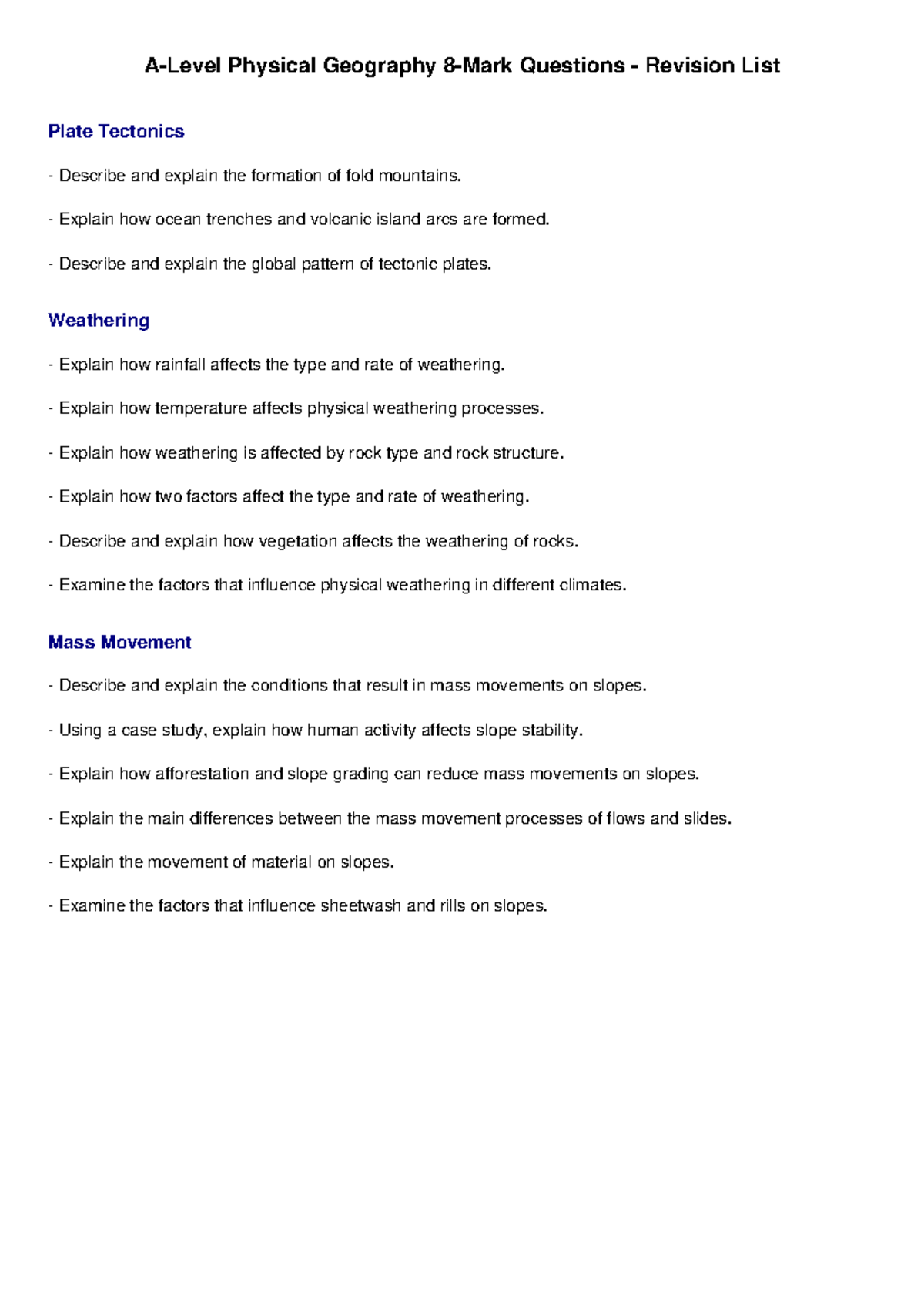 A Level Physical Geography 8 Mark Questions Revision Guide - Studocu