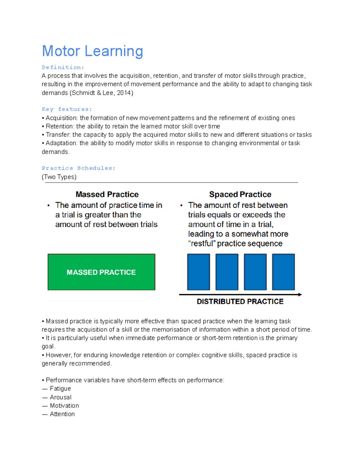 Motor Learning: Definition Features Practice Schedules and Experimental ...