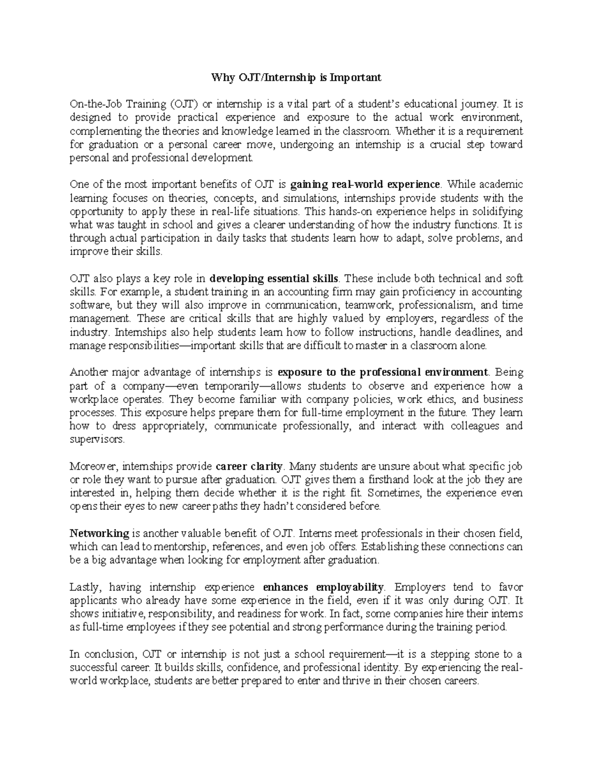 Importance of OJT: Enhancing Skills and Career Readiness - Studocu