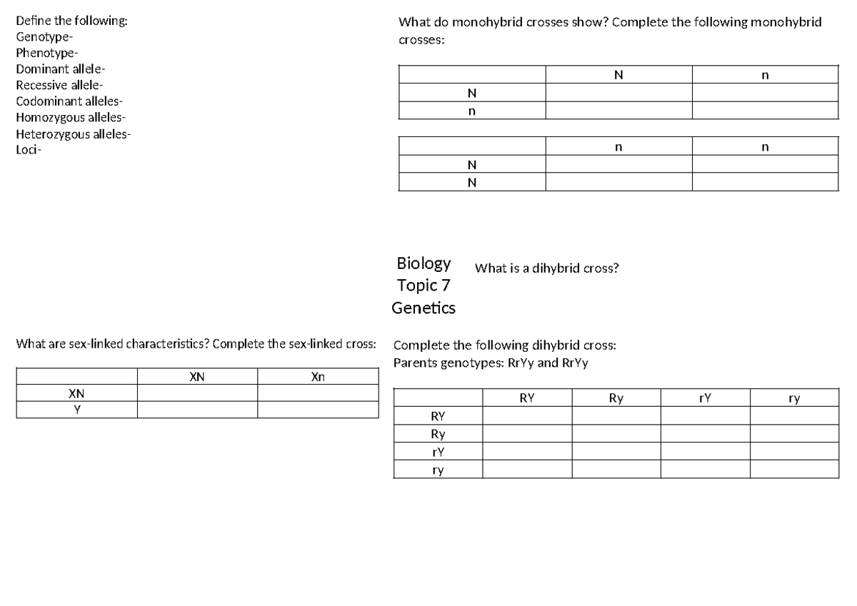 Bio Topic 7 Genetics: Monohybrid & Dihybrid Crosses Explained - Studocu