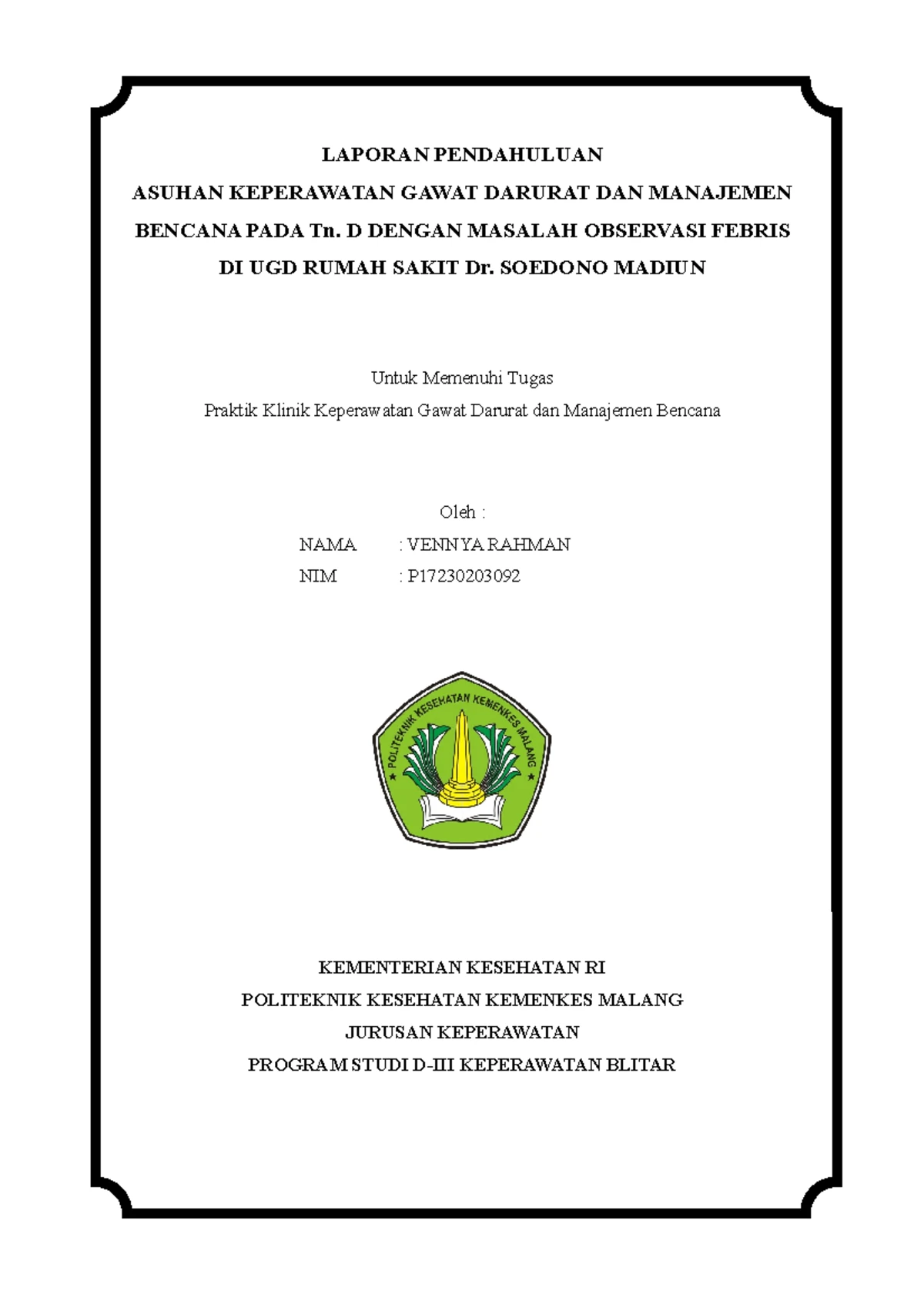 LP Febris - LAPORAN PENDAHULUAN ASUHAN KEPERAWATAN GAWAT DARURAT DAN ...