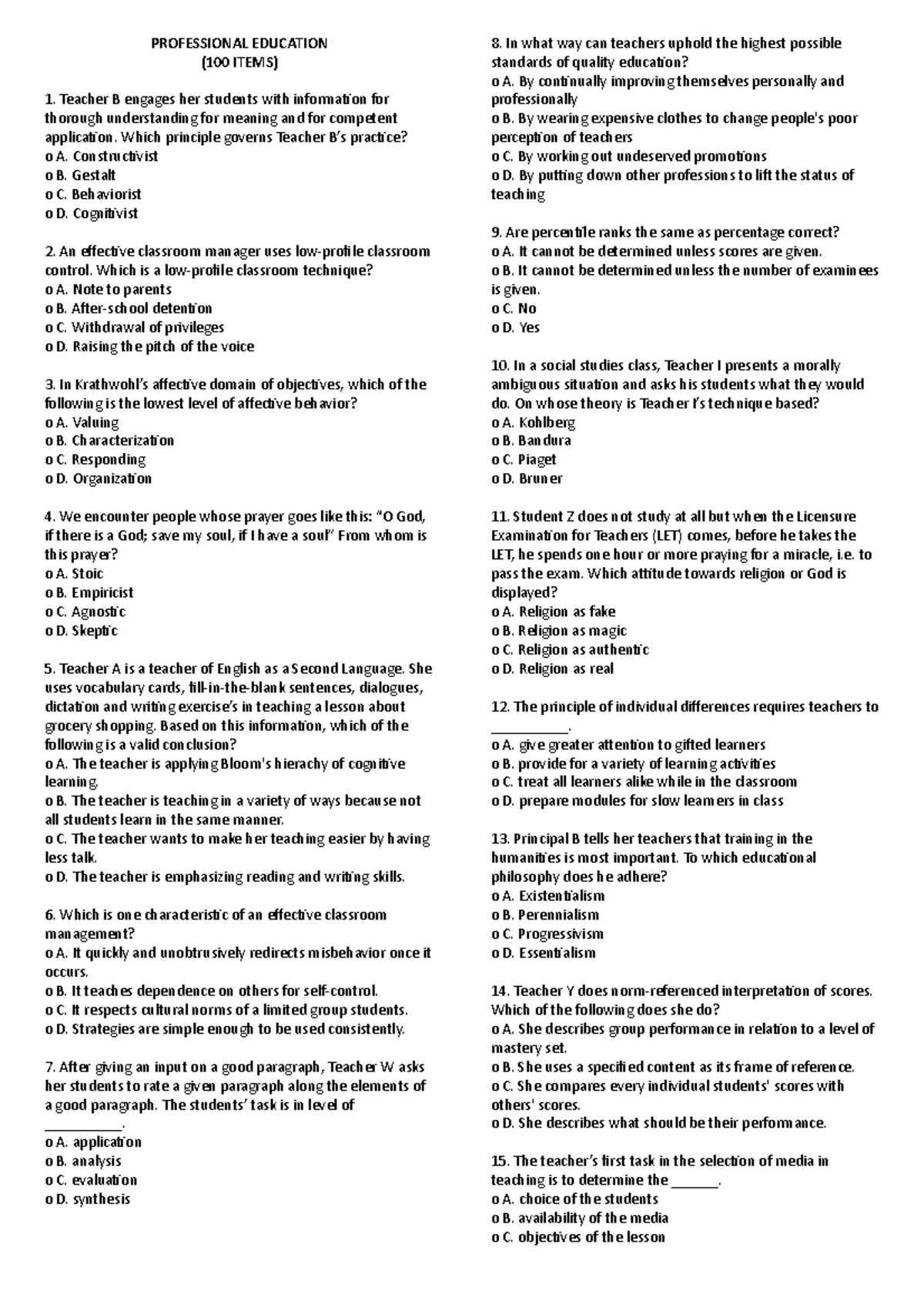 100 Prof Ed Let Comprehensive Reviewer With 100 Practice Items Studocu