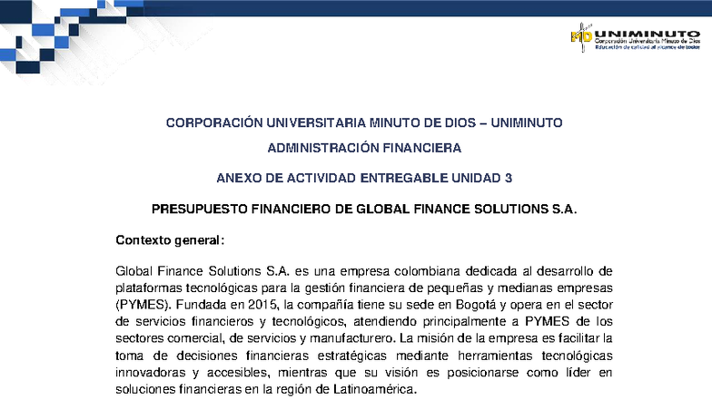 Anexo de Actividad - Presupuesto Financiero Unidad 3 - UNIMINUTO - Studocu