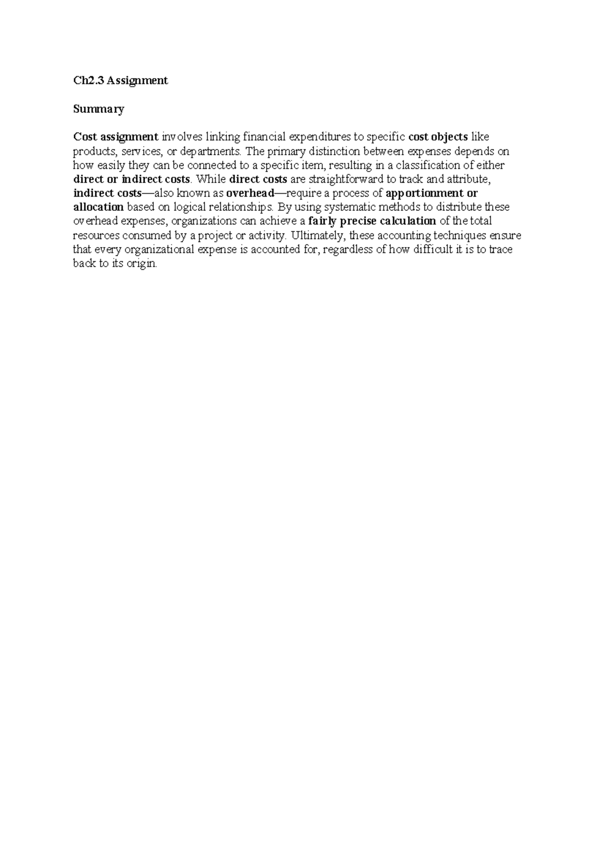 Ch2.3 Assignment Summary: Understanding Cost Assignment Techniques ...