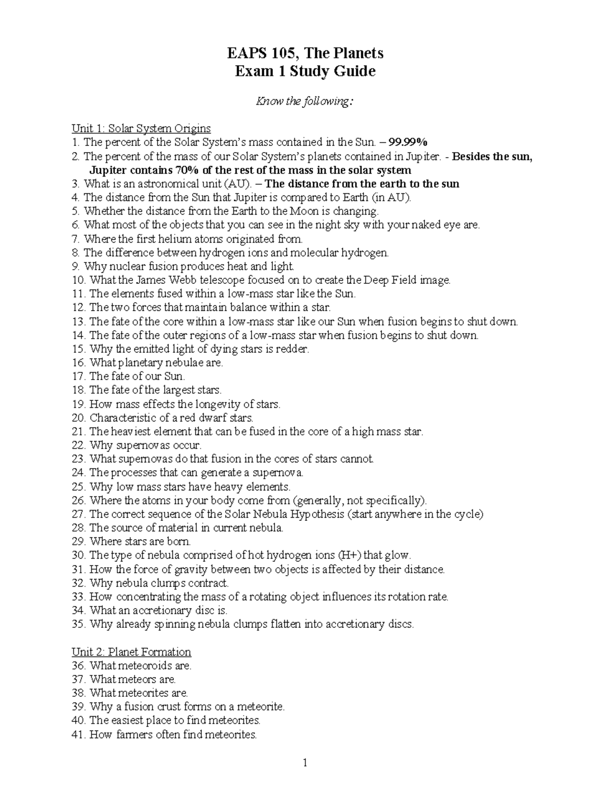 Exam 1 Study Guide - EAPS 105, The Planets Exam 1 Study Guide Know the following: Unit 1: Solar ...