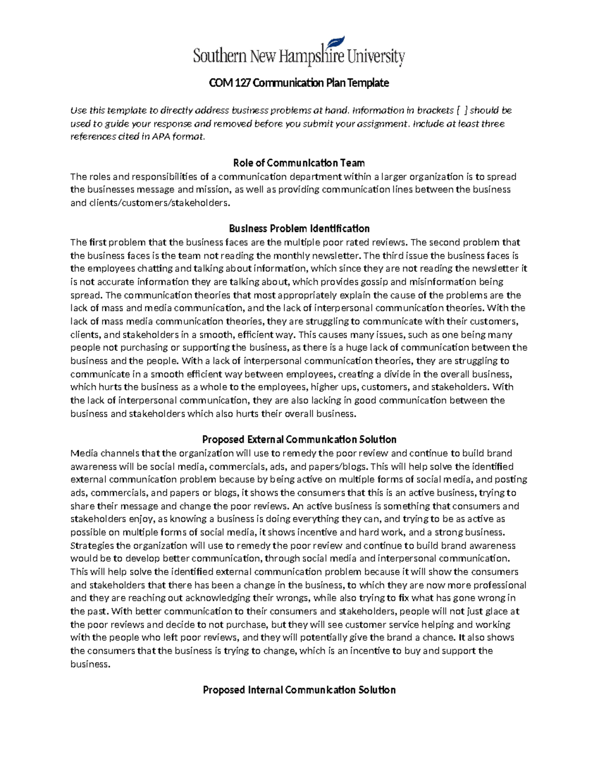 COM 127: Communication Plan Template for Business Challenges - Studocu