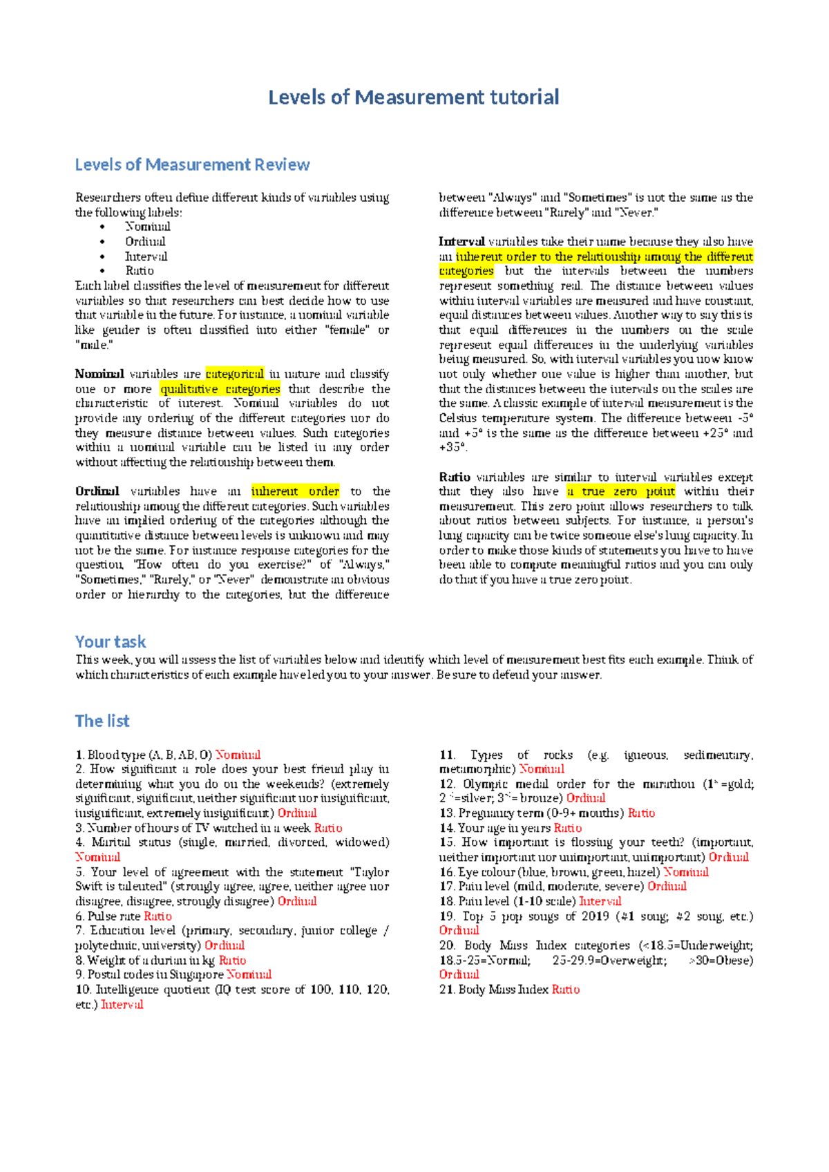 Levels of Measurement Tutorial (Tut 3) - Understanding Variables - Studocu