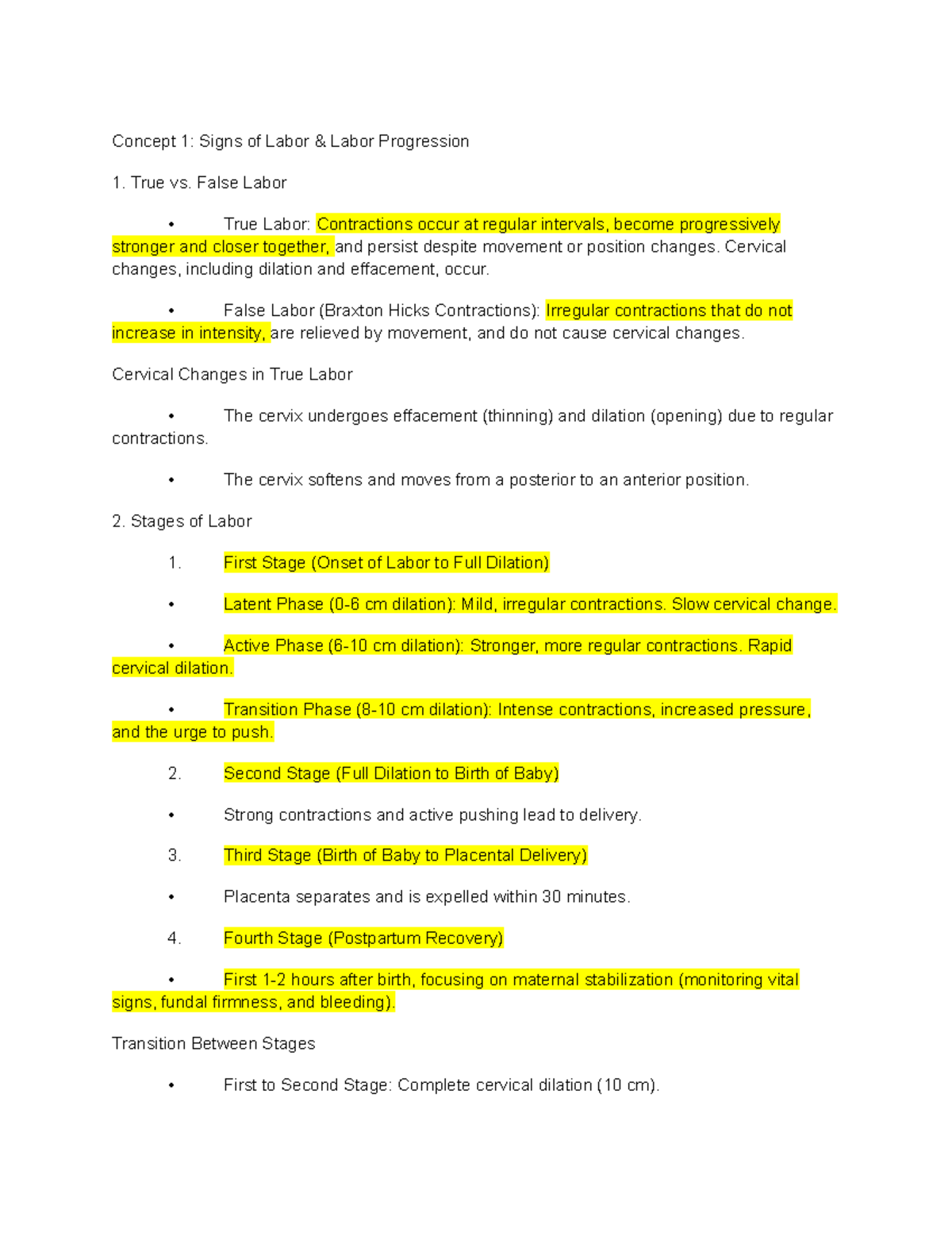Ob Quiz #2 study guide - Concept 1: Signs of Labor & Labor Progression ...