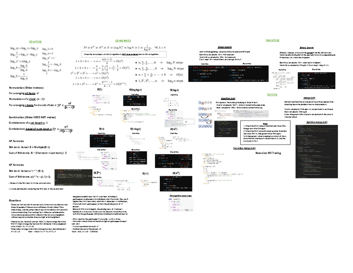 Midterm Cheatsheet: Searching Complexity and Algorithms (CS101) - Studocu