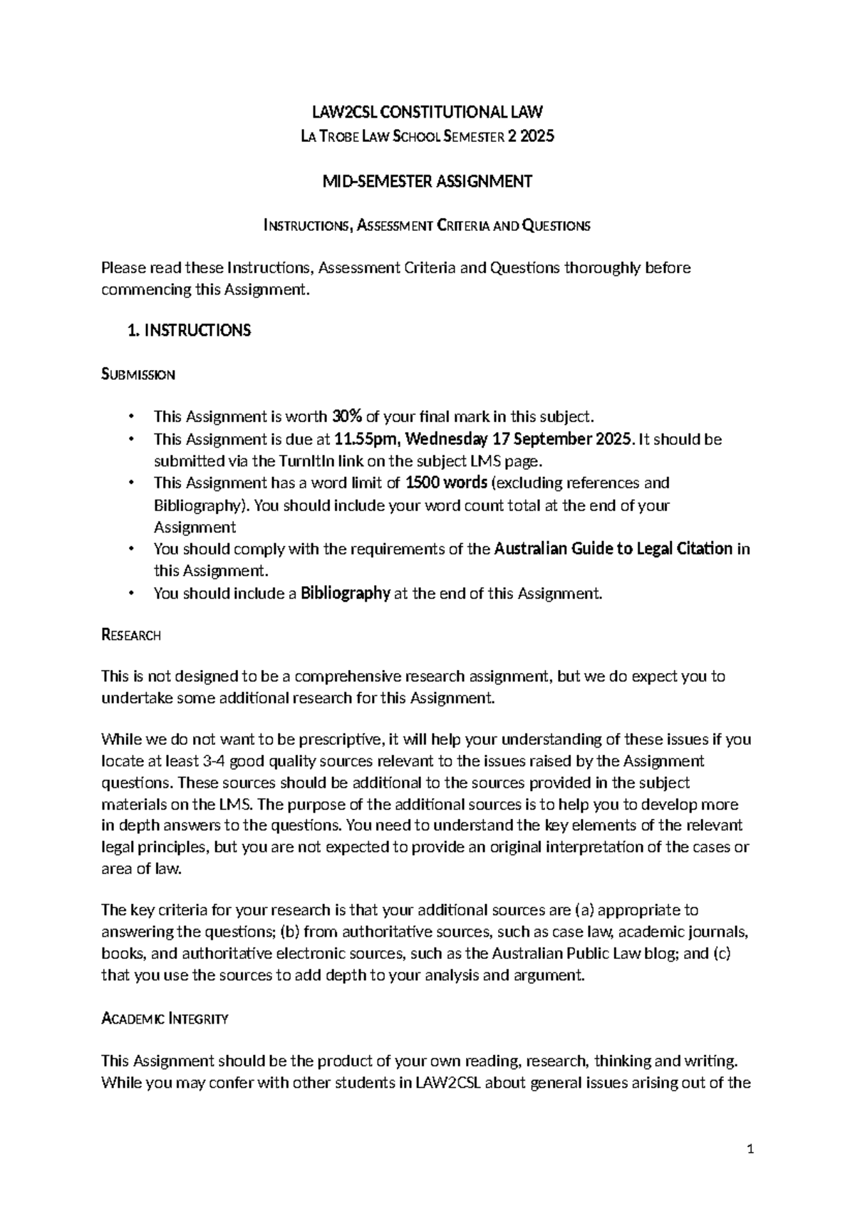 LAW2CSL Constitutional Law Assignment Instructions & Questions 2025 ...