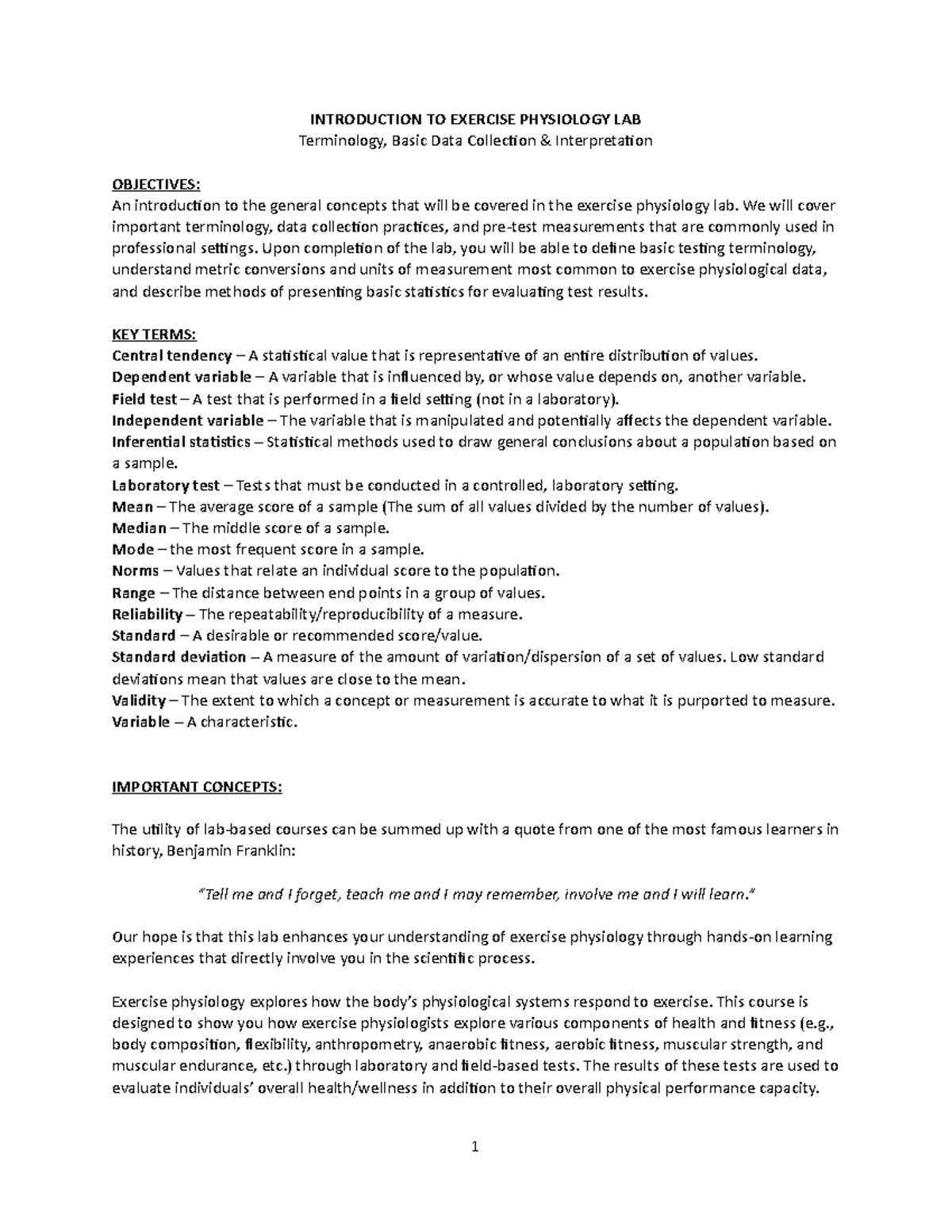 Exercise Physiology - Lab 1: Data Collection & Analysis Basics - Studocu