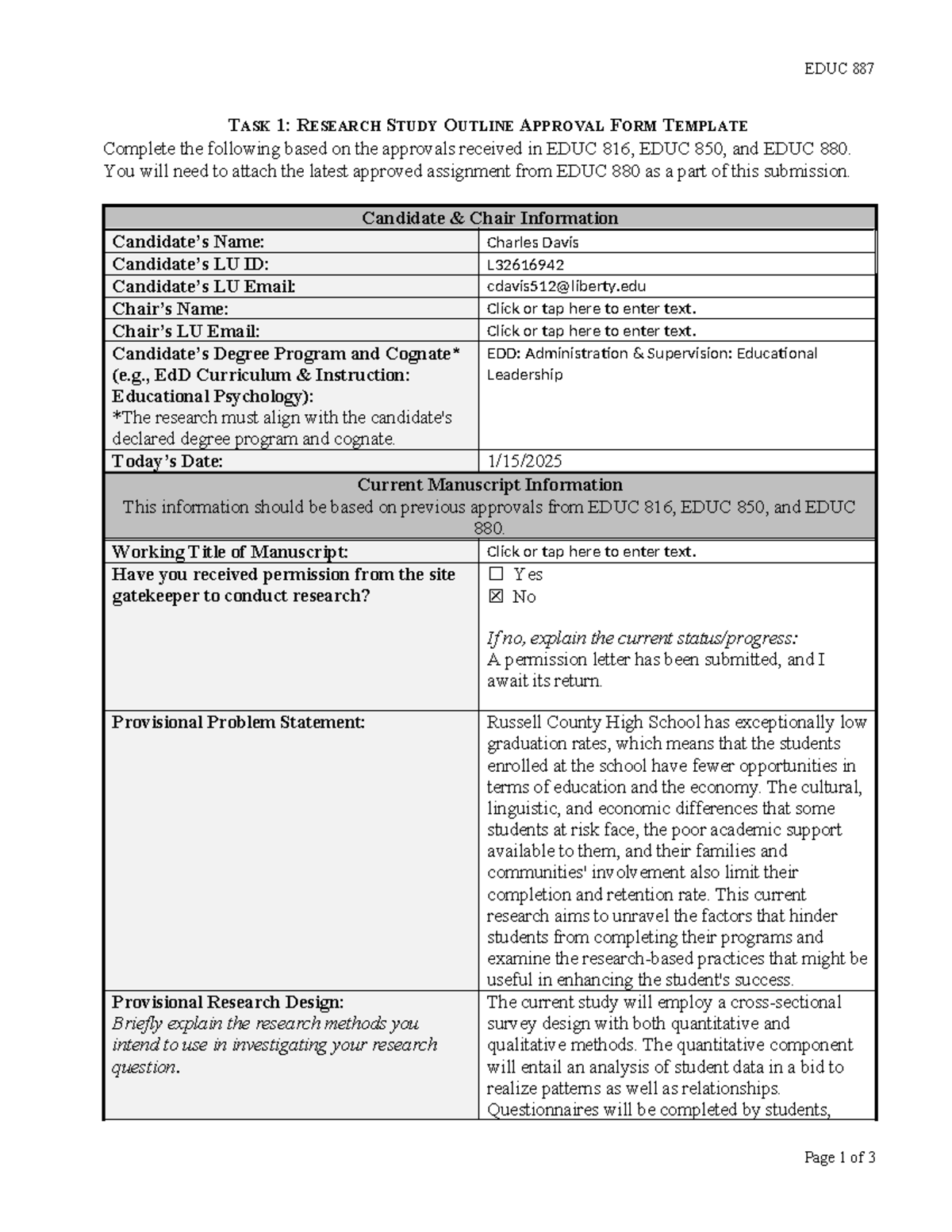 Task 1 Research Study Outline Approval Form Template - EDUC 887 TASK 1 ...