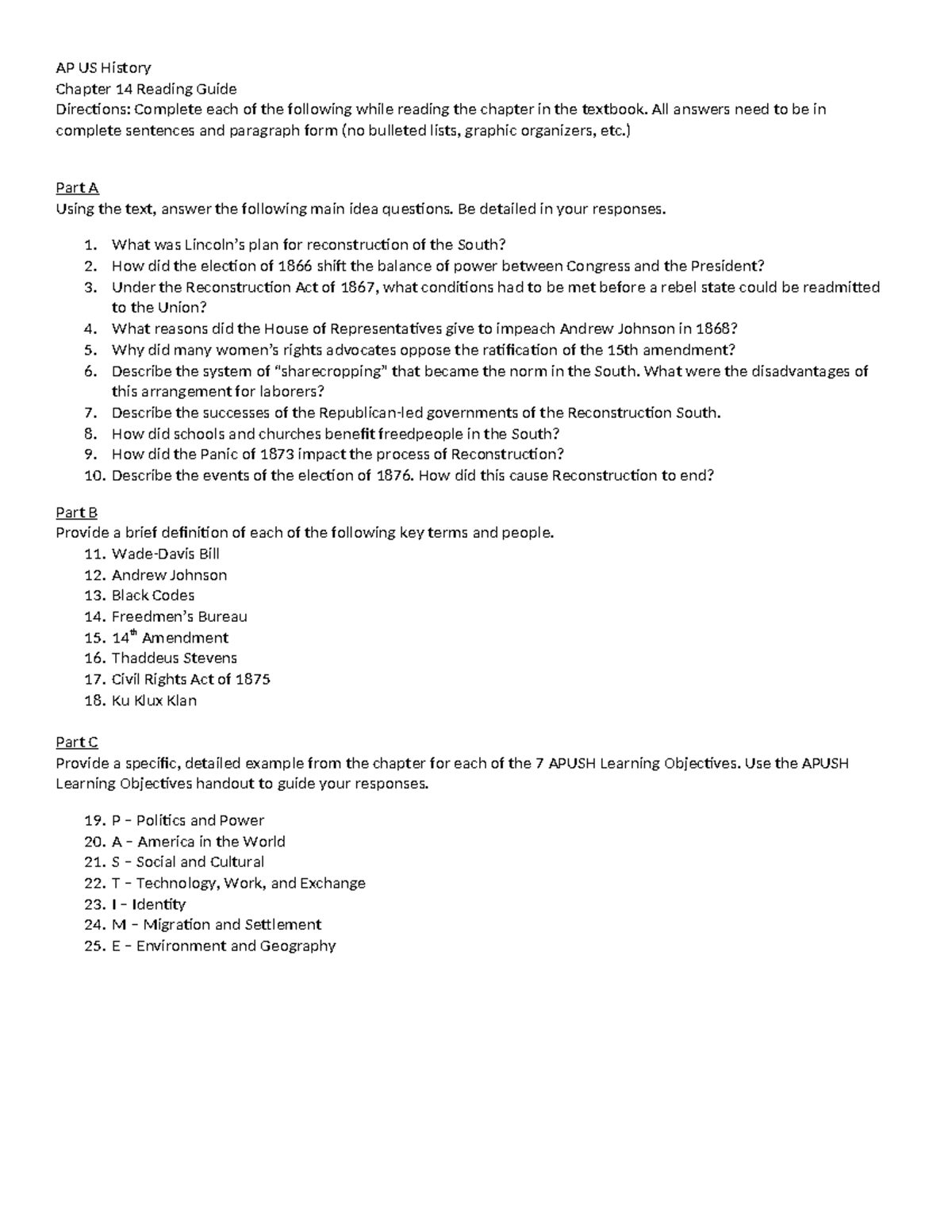 APUSH Chapter 14: Reconstruction Reading Guide & Key Concepts - Studocu