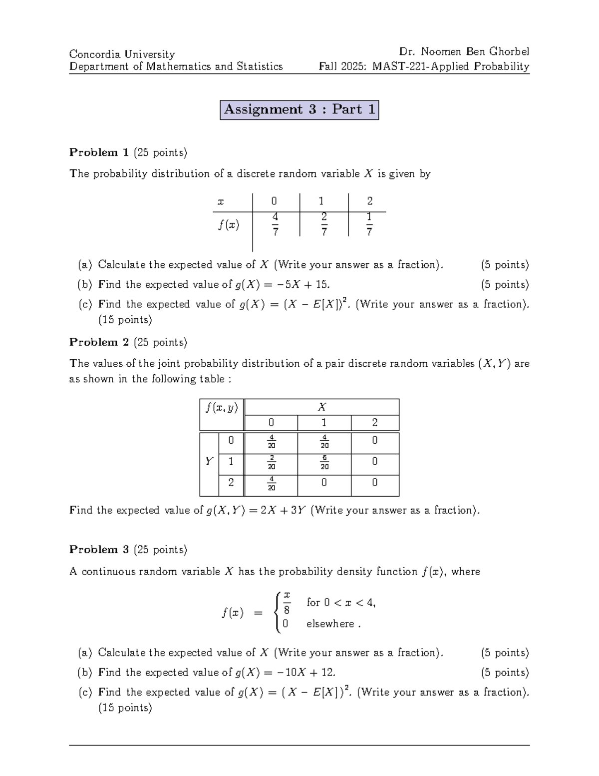 Probability Assignment 3 (MATH 202) - Dr. Noomen Ben Ghorbel - Studocu