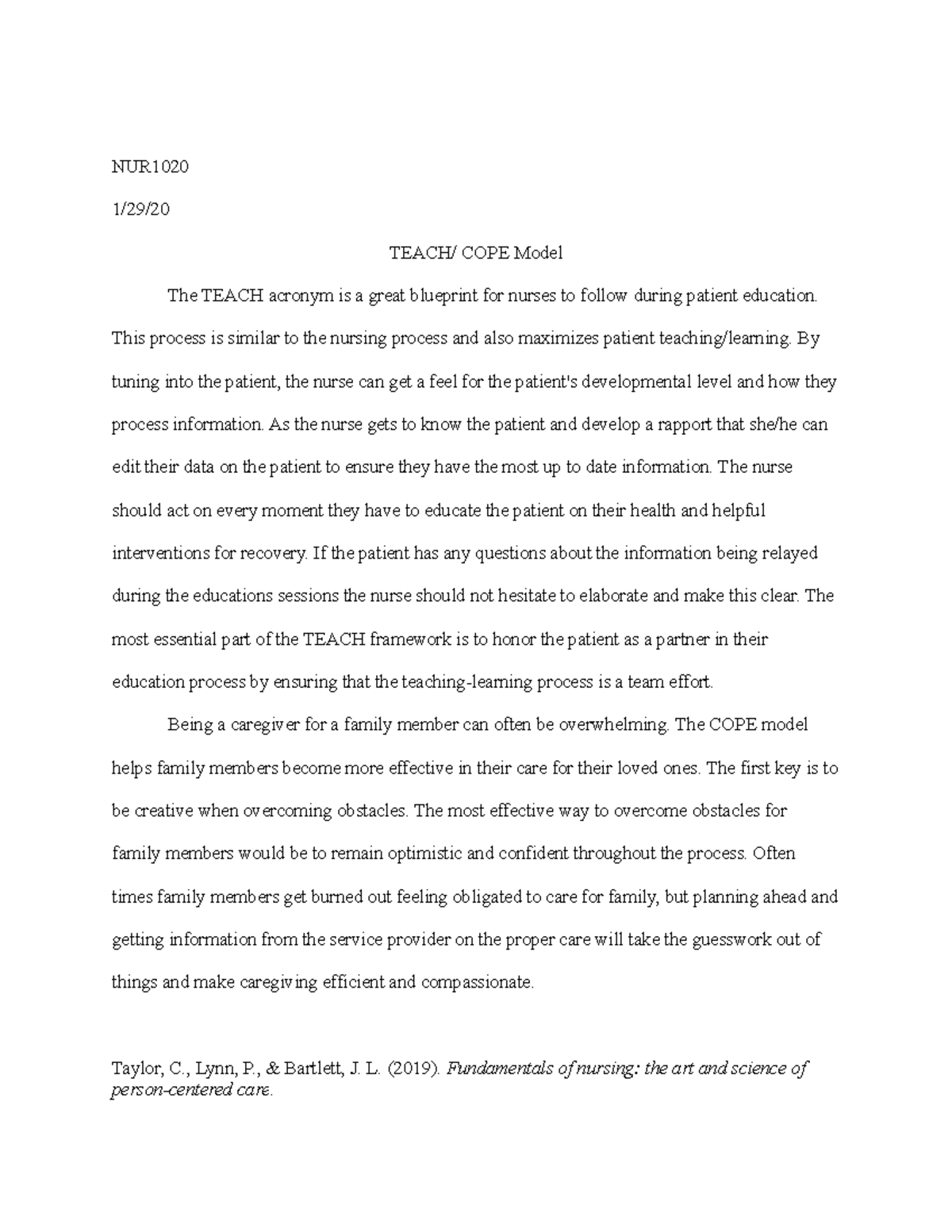 NUR Discussion 3: Exploring TEACH and COPE Models in Nursing - Studocu