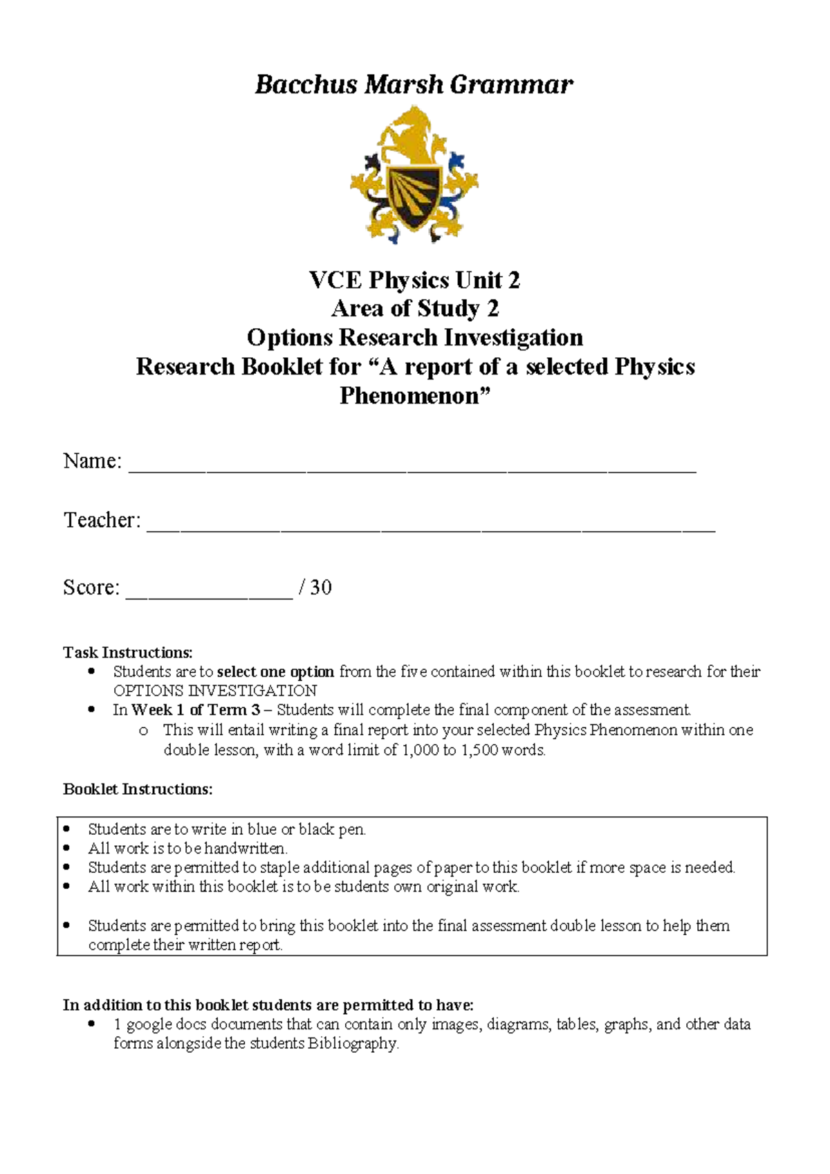 2024 VCE Physics Unit 2 Area of Study 2 Options Investigation Booklet ...