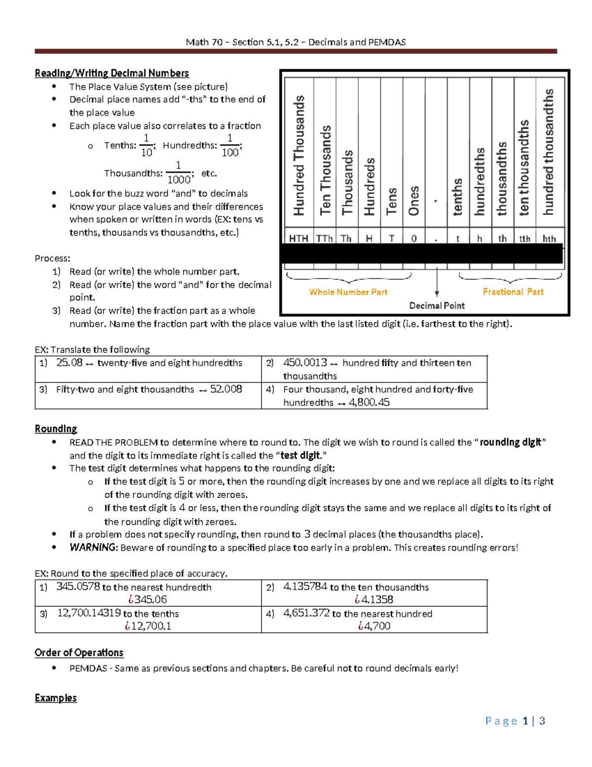 Math 70 Final Exam: Decimals and PEMDAS (Sections 5.1-5.2) - Studocu