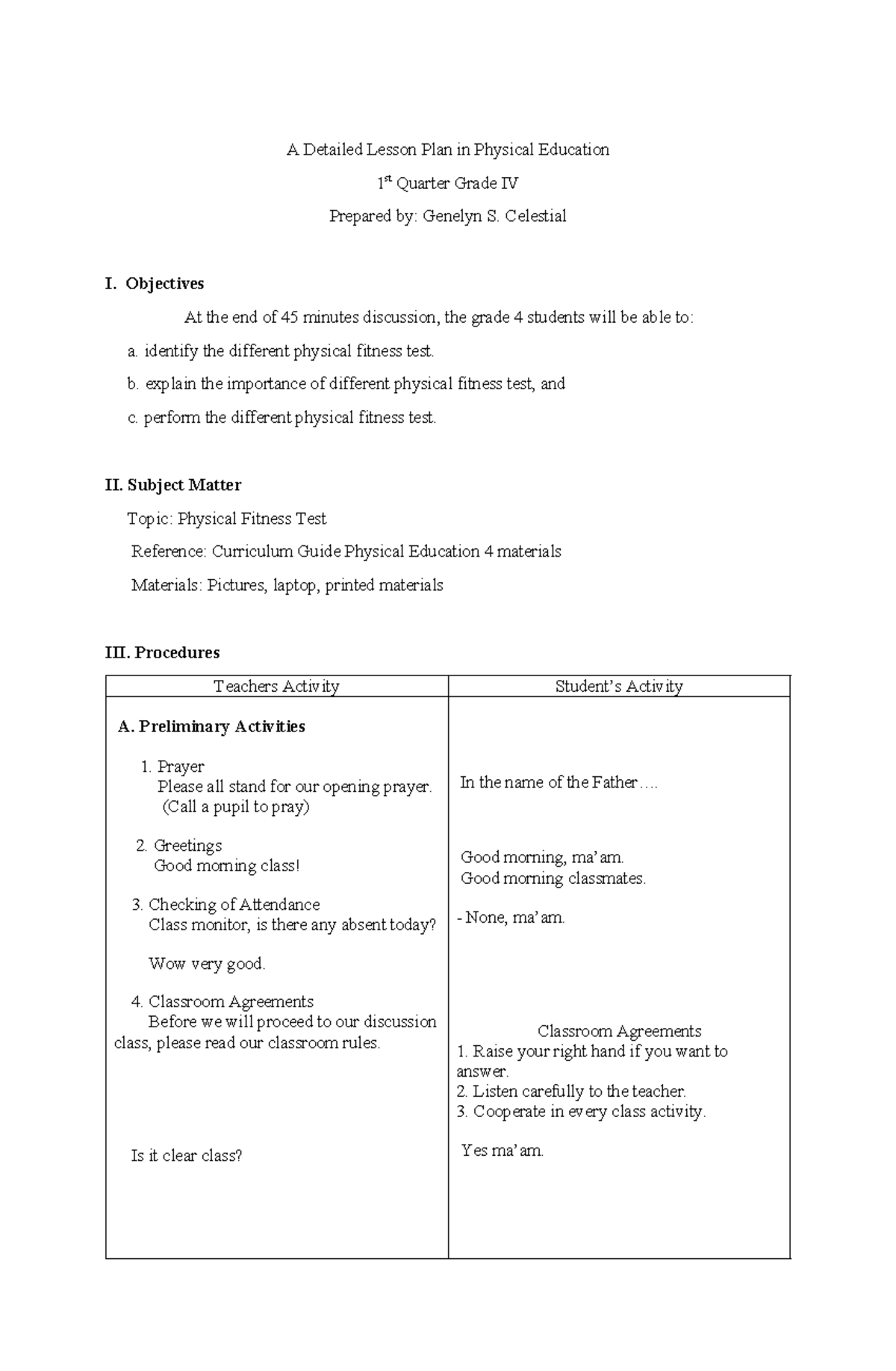 Grade IV Physical Education Lesson Plan: Understanding Physical Fitness ...