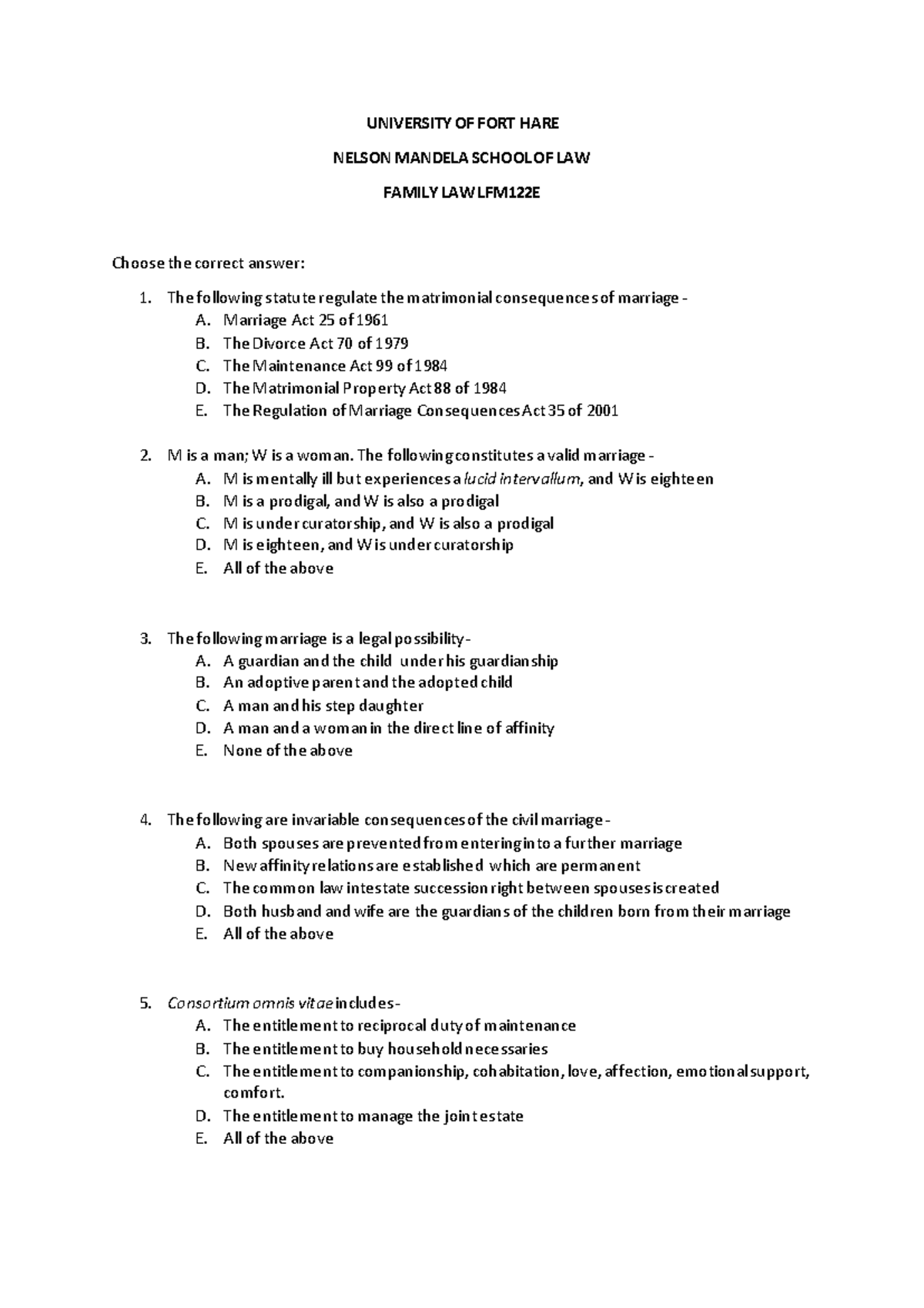 Family Law LFM122E - Multiple Choice Practice Questions - Studocu