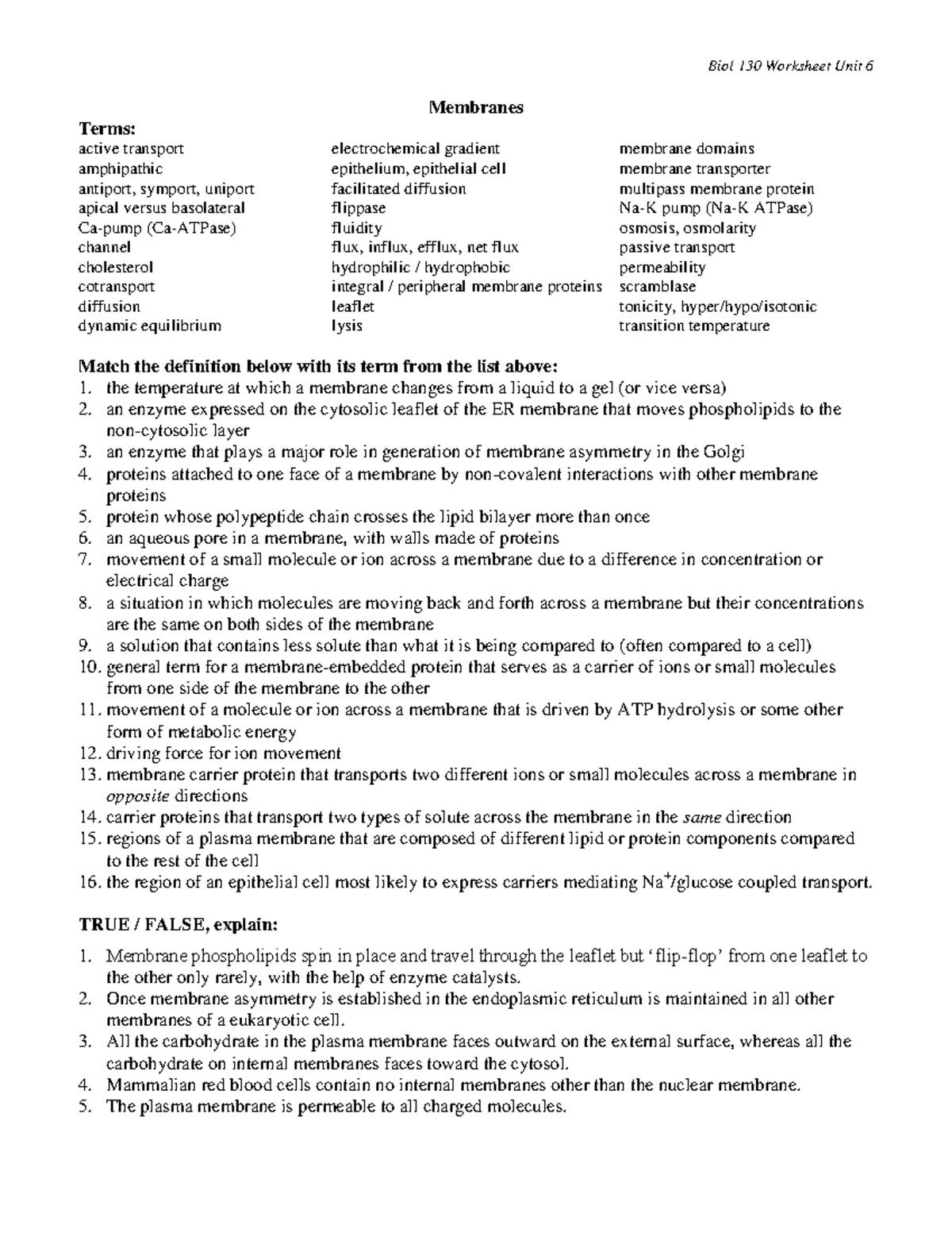 Worksheet Unit 6 - Membranes for western ontario - Biology 2382B ...