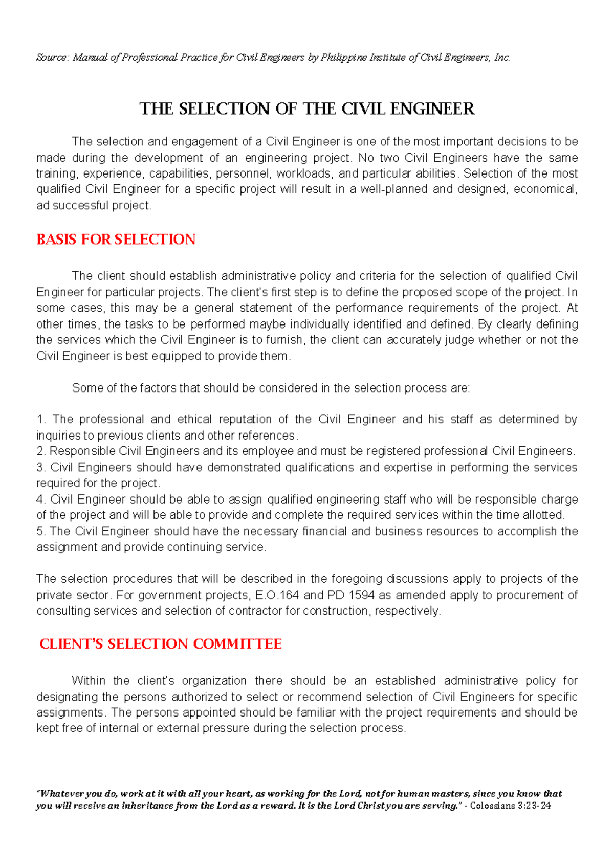 5.1 The Selection of the Civil Engineer - “Whatever you do, work at it ...