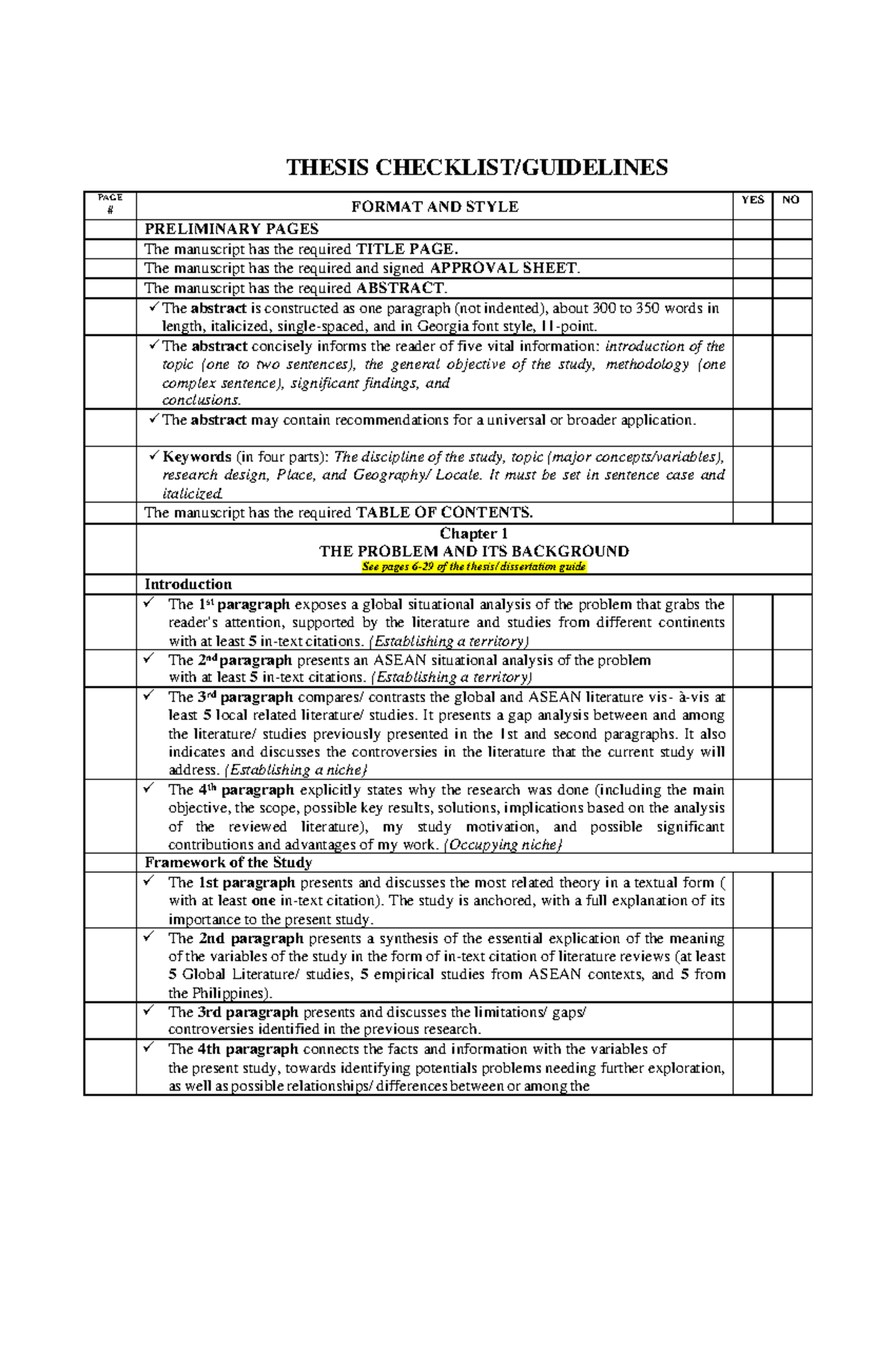 Thesis- Checklist - THESIS CHECKLIST/GUIDELINES PAGE # FORMAT AND STYLE ...