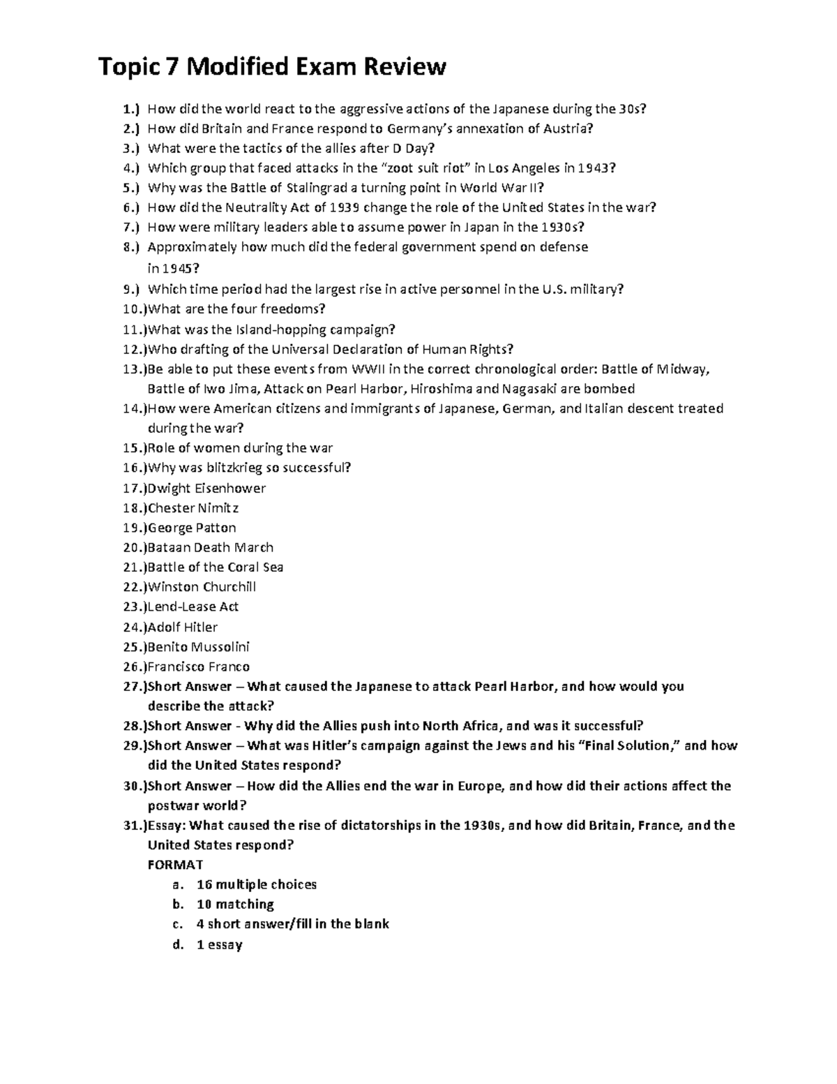 Topic 7 Modified Exam Review Sheet: WWII Responses & Events 2024 - Studocu