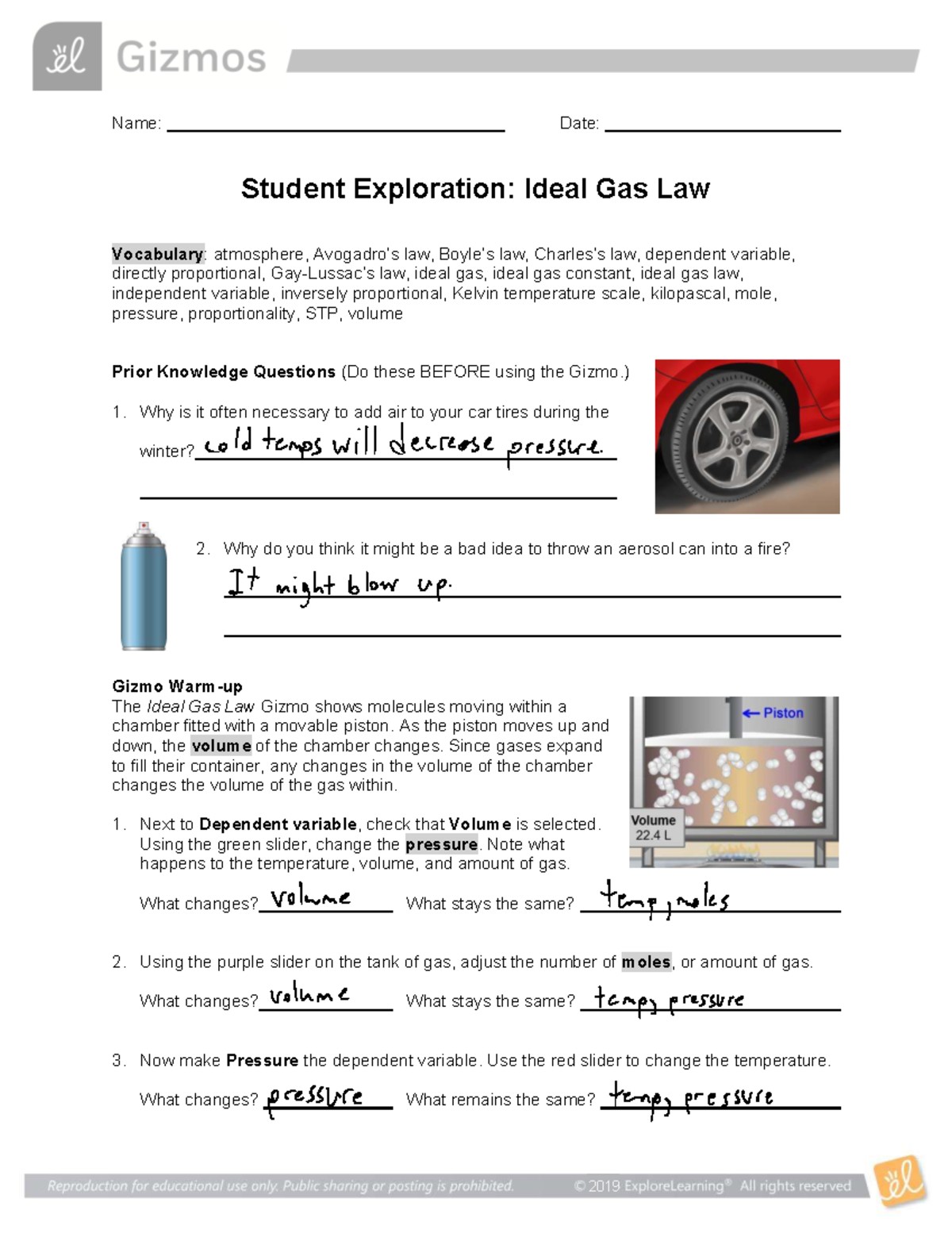 Exploration of the Ideal Gas Law: Gizmo Activity Guide (Course Code ...