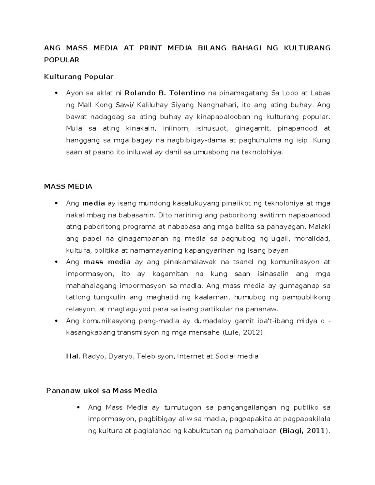 ANG MAS MEDIA AT PRINT MEDIA BILANG PANGUNAHING ASPEKTO NG KULTURANG ...