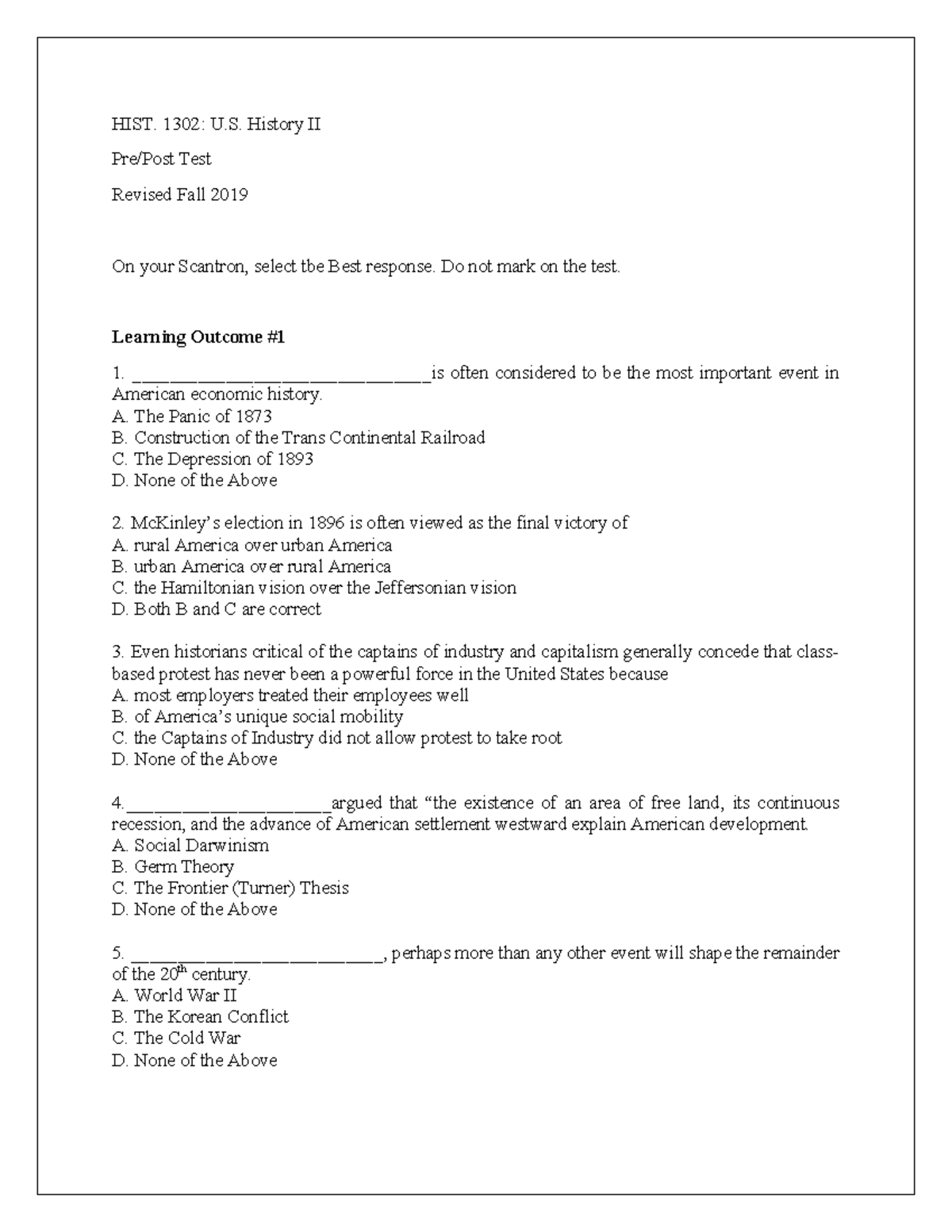 HIST. 1302: Revised U.S. History II Test Prep Fall 2019 - Studocu