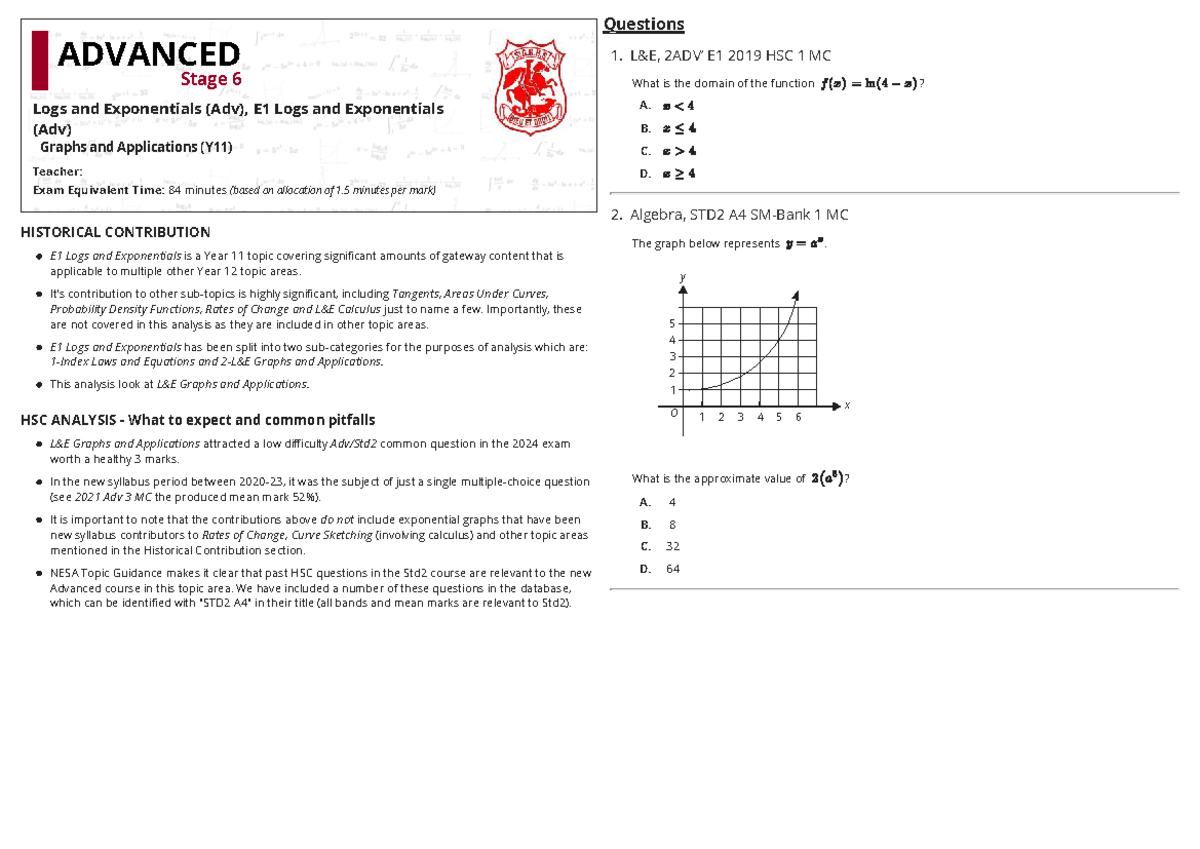 Graphs and Applications of Logs and Exponentials (2ADV) - Studocu